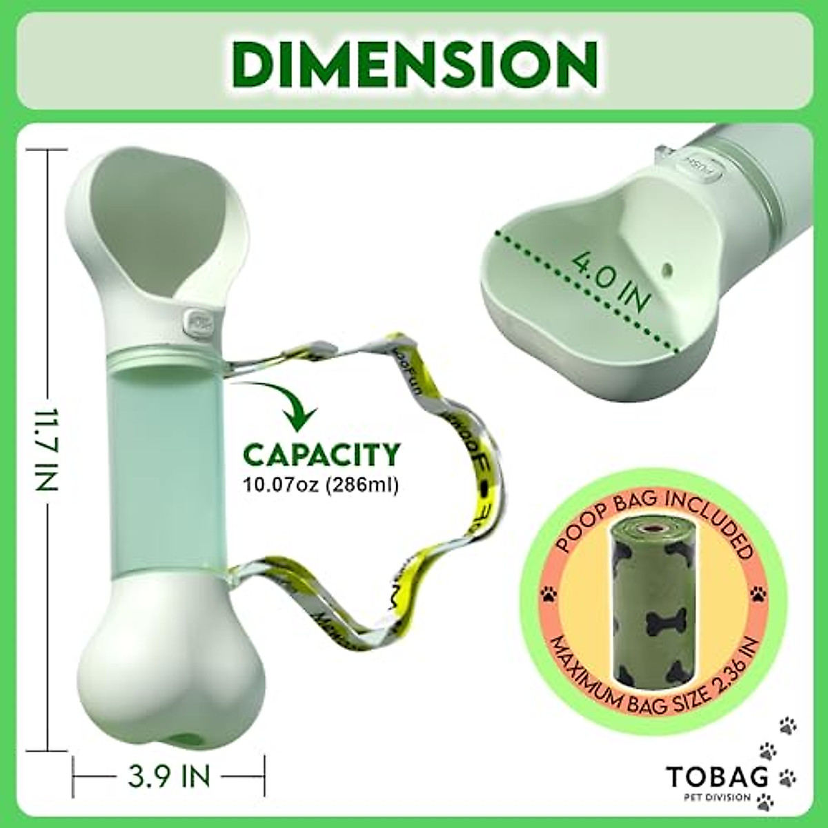 Dog Water Bottle Portable - Leak Proof Dog Travel Water Bottle for Outdoor Walking and Hiking - Dog Water Bottle Dispenser with Two Poop Bags - Green Water Bottle for Dogs with Bowl (10oz)