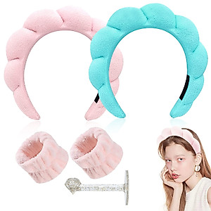 NewBang 2pcs Sponge Spa Headband for Women Terry Towel Cloth Fabric Skincare HeadBands Wristband for Washing Face Makeup Removal Shower Yoga Puffy Padded Soft Head Band Hairband Set Pink & Mint Green