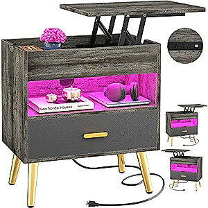 Cyclysio 35 Inches Nightstand with Reversible Lift Top, Large Night Stand with LED Lights, Tall Bedside Table with Charging Station, High End Side Table for Bedroom, Sofa Side, Living Room, Grey