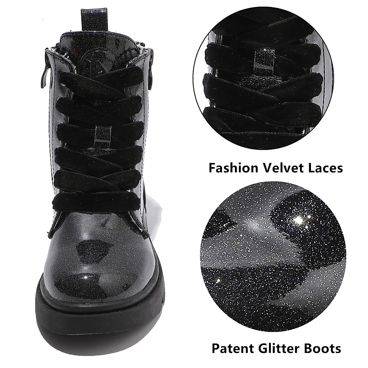 DADAWEN Boys Girls Glitter Ankle Boots Lace Up Waterproof Combat Shoes With Side Zipper for Toddler/Little Kid/Big Kid Black Glitter US Size 2 M Little Kid