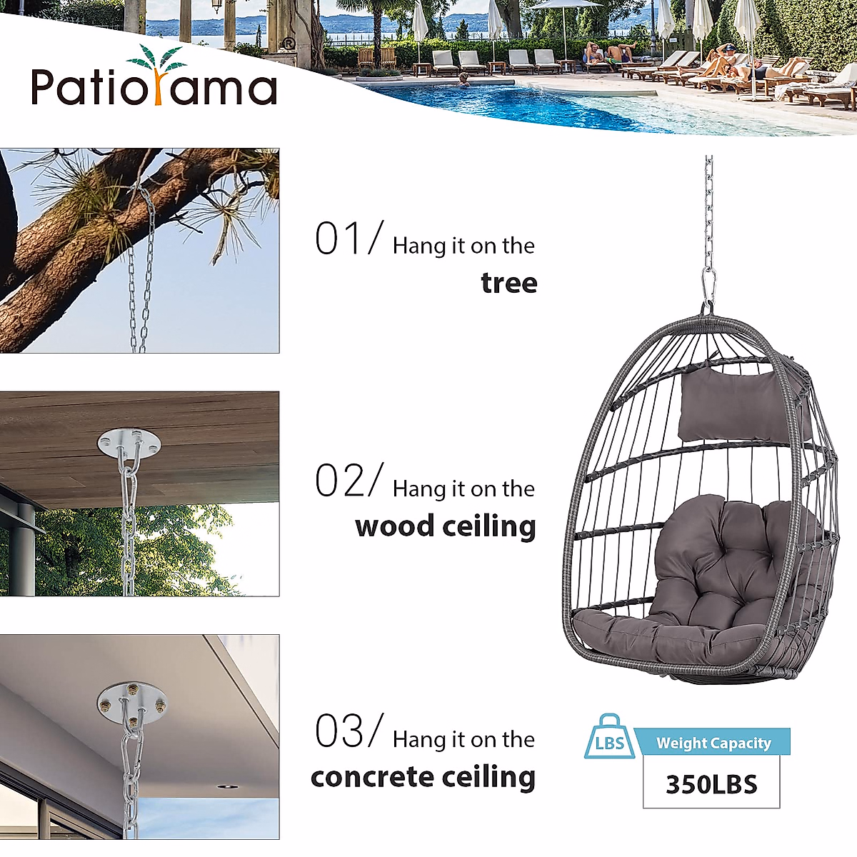 Patiorama Indoor Outdoor Egg Swing Chair with Stand, Patio Grey Wicker Rattan Hanging Chair with Rope Back, Cushion,Cover,All Weather Foldable Hammock Chair for Bedroom, Porch, Garden (Dark Grey)