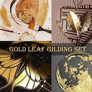 Wadities Gold Leaf Gilding Adhesive Set, 100ml Water Based Metal Leaf Glue and 100ml Varnish, Gold Leaf Sheets 100 pcs, 2 Brushes, for Craft, Painting and Arts