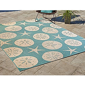Gertmenian Indoor Outdoor Area Rug, Classic Flatweave, Washable, Stain & UV Resistant Carpet, Deck, Patio, Poolside & Mudroom, 5x7 Ft Standard, Sand Dollar Starfish, Oasis Green, 21268