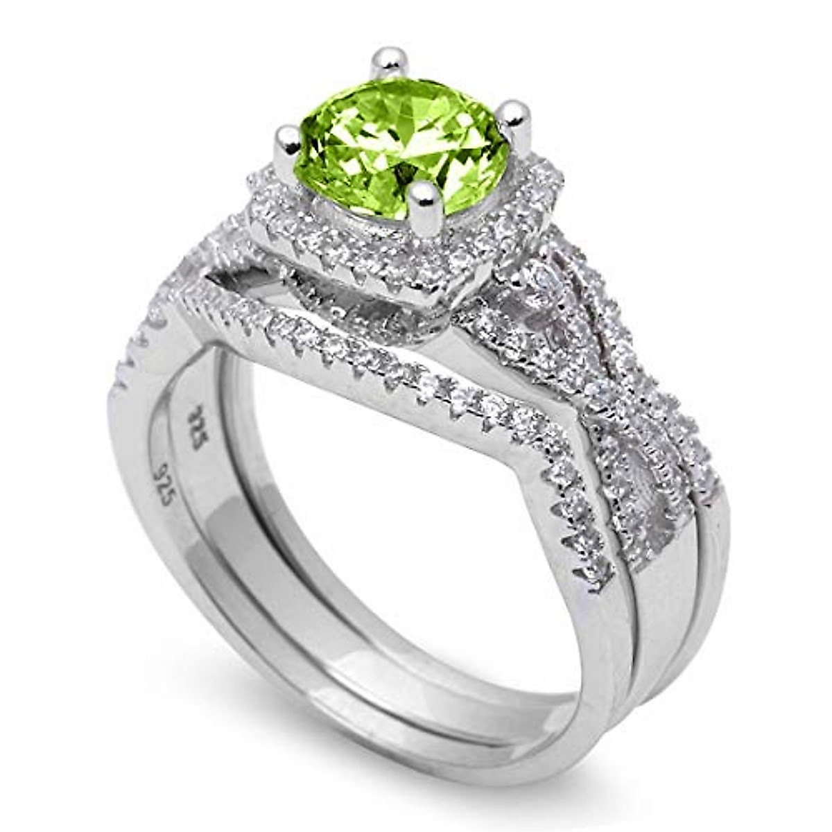 Blue Apple Co. Simulated Green Peridot Size-7 Halo Three Piece Trio Set Wedding Ring Infinity Round Cubic Zirconia 925 Sterling Silver
