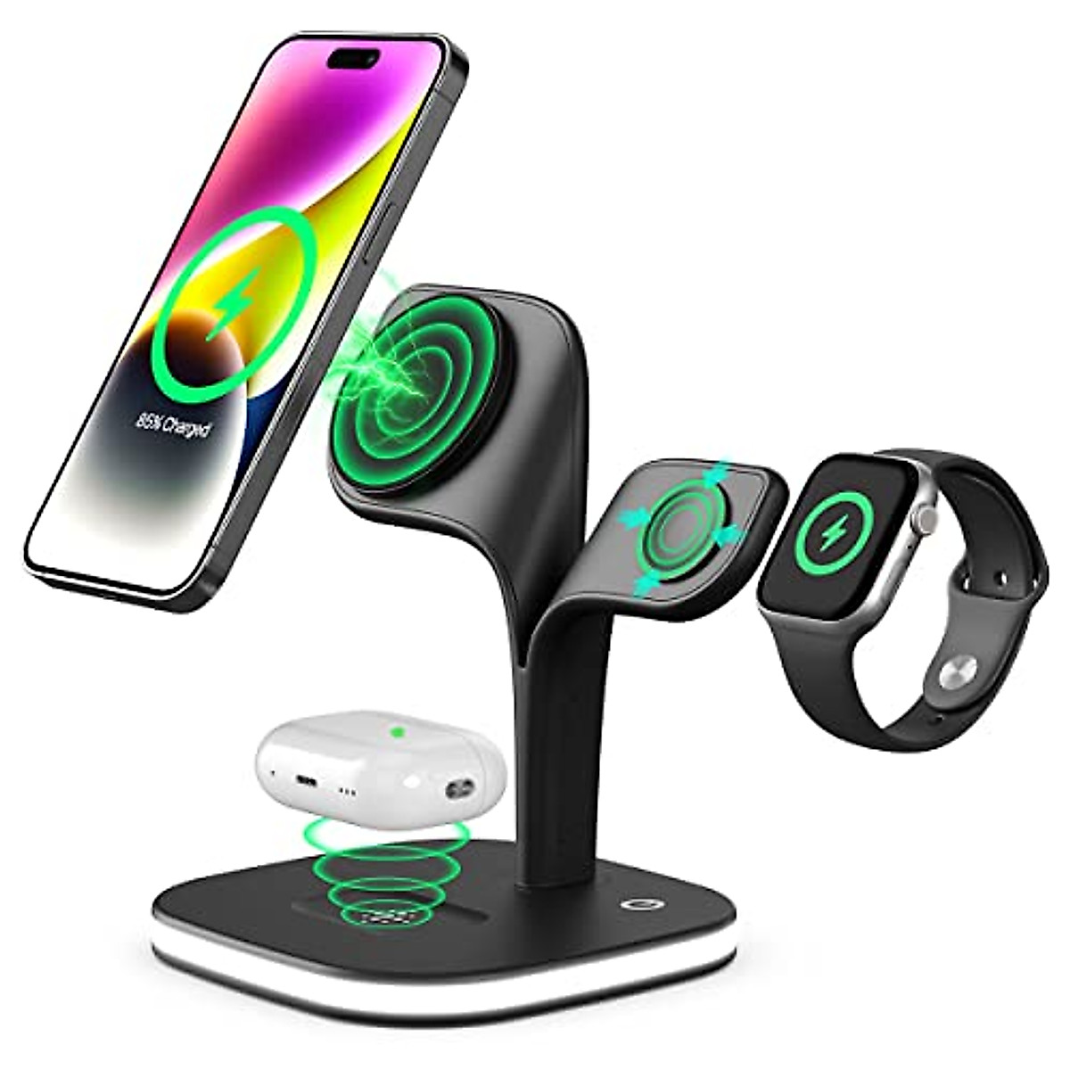 Wireless Charger, 15W 3 in 1 Fast Magnetic Charging Station, Charger Stand for iPhone 14/13/12 Pro Max Mini, Apple Watch SE/7/6/5/4/3/2 and Airpods 3/2/Pro with LED Lamp and USB Port（Black）