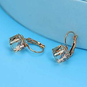 Cube Austrian Crystal Drop Leverback Earrings for Women Fashion 14K Rose Gold Plated Hypoallergenic Jewelry (Light Topaz)