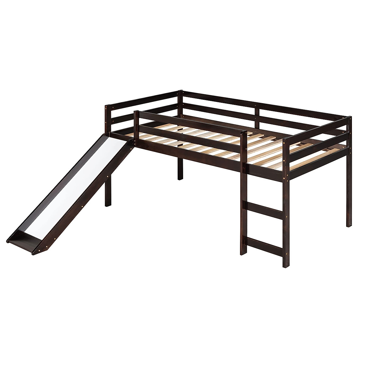 Harper & Bright Designs Kids Low Loft Bed with Slide, Twin Size Wooden Loft Bed Frame, Espresso