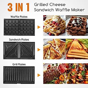 Aigostar Sandwich Maker Panini Press Grill, 3 in 1 Waffle Maker with Removable Non-stick Plates, Electric Grilled Cheese Maker, Portable Cool Touch Handle, Led Indicator Lights & Easy to Clean, 750W