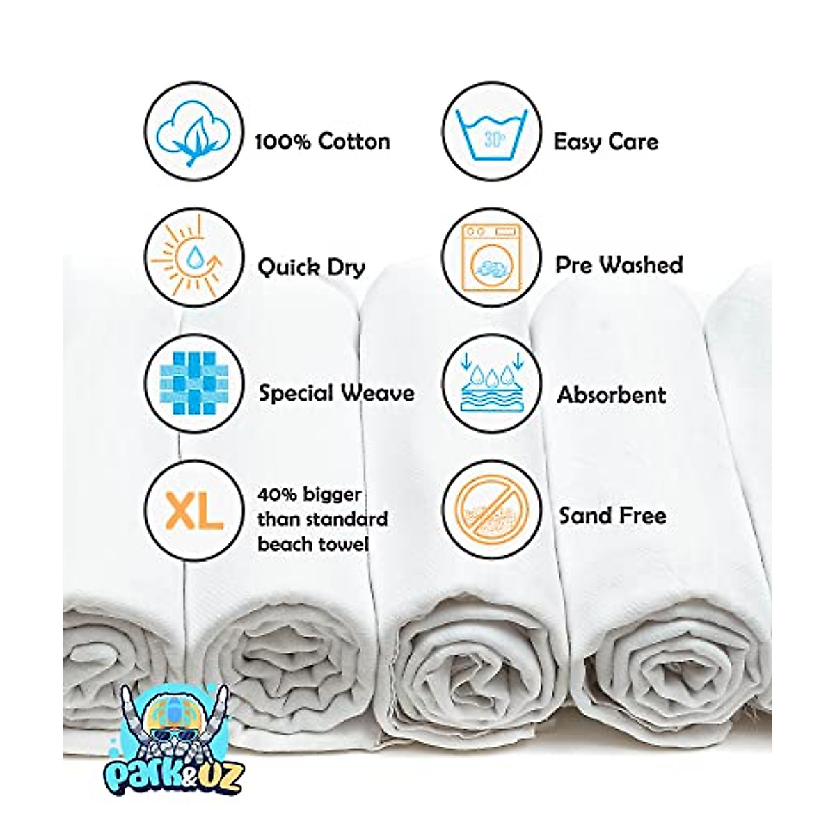 Park & Oz Turkish Peshtemal Beach Towels, 100% Cotton, Toallas Turcas, Lightweight, Fast Drying, Great for Travel, Yoga, Pool, Spa and Bath- Absorbent, Sand Free, Multipurpose Towel (White)