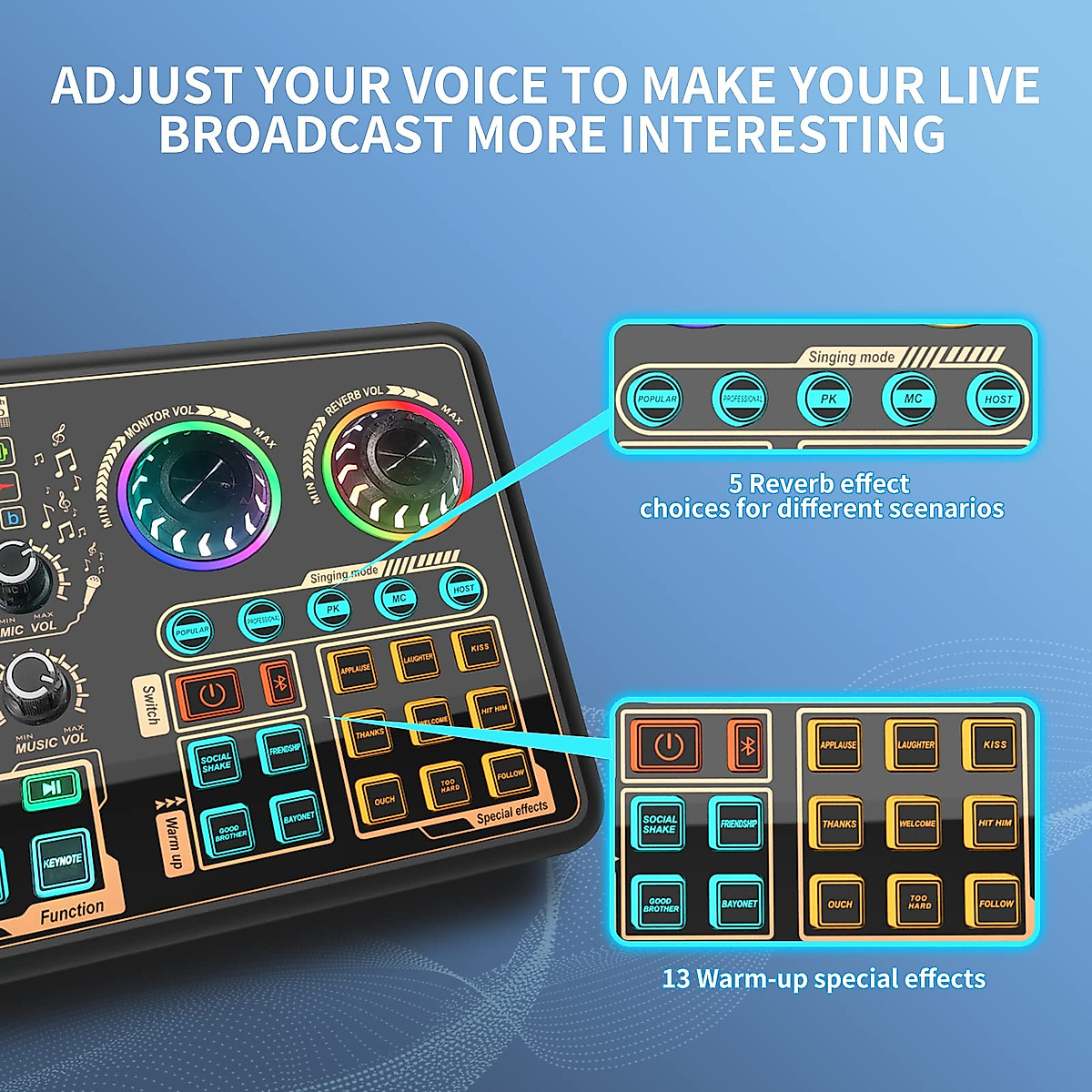 Hosabely Sound Effects Board, Audio Interface with Voice Changer and LED Lights, Live Sound Board for PC Phone Microphone, Audio Mixer for Karaoke, Streaming, Recording, Gaming