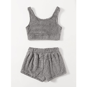 Verdusa Women's Fuzzy Pajamas Set Loungewear Crop Tank Top and Shorts Sleepwear Grey XL