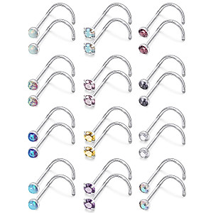 Kridzisw 18G Nose Rings for Women Stainless Surgical Steel Opal Diamond Silver Nose Ring Studs Corkscrew Screw Twist Spiral Nose Nostril Piercing Studs Hook Piercing Jewelry for Women Men 1.5mm