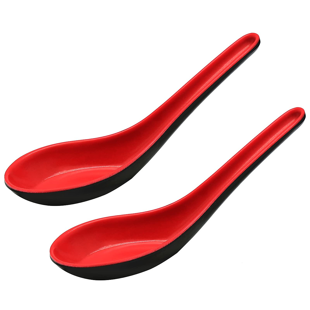 Cionyce 2PCS Asian Soup Spoons, Chinese Japanese Miso Ramen Wonton Dumpling Pho Rice Noodle Soba Soup Spoons, Red and Black Melamine Spoons