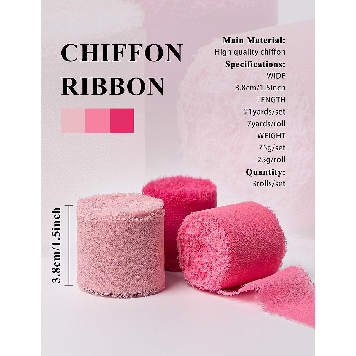 Sifleur Chiffon Ribbon, Hot Pink Pastel Pink 1.5''x21Yd Frayed Fringe Silk Ribbon for Gift Wrapping, Handmade Ribbons for Floral Vase, Halloween, Wedding, Birthday, Engagement, Bridal Shower, 3 Rolls