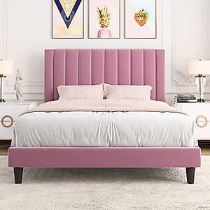 Allewie Queen Bed Frame/Velvet Upholstered Bed Frame with Vertical Channel Tufted Headboard/Strong Wooden Slats/Platform Bed Frame/Mattress Foundation/Box Spring Optional/Easy Assembly/Pink