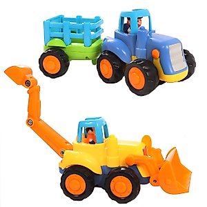 IQ Toys Friction Powered Cars, Push and Go Toy Trucks Construction Vehicles Toys Set for 1 2 3 Year Old Baby Toddlers Bulldozer, Tractor, Early Educational Gifts 2PCS