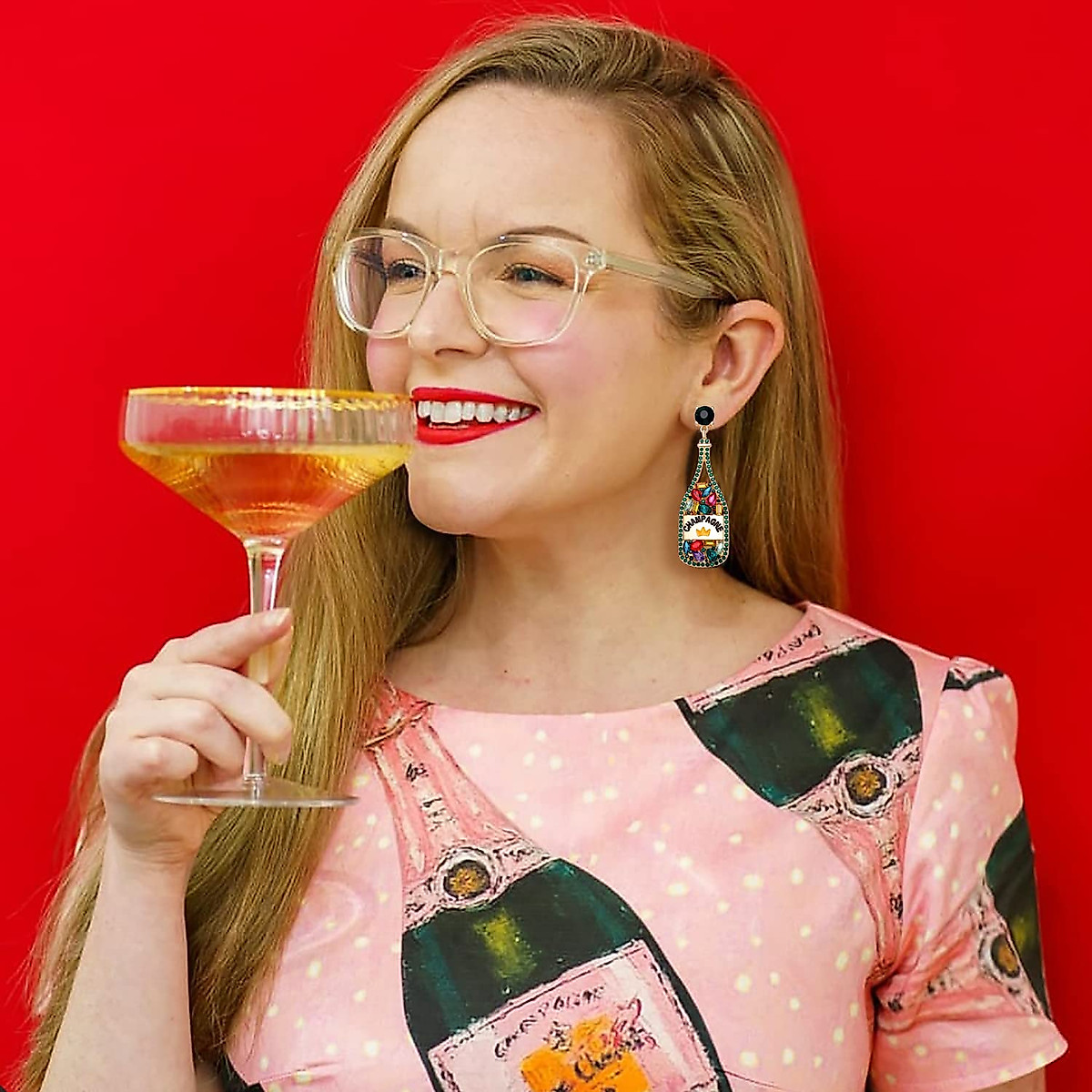 XOCARTIGE Champagne Bottle Earrings Rhinestone Crystal Beaded Champagne Drop Dangle Earrings for Women Wedding Holiday Festive Party Earrings Xmas New Year Gifts (Green)