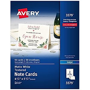 Avery Printable Note Cards, Inkjet Printers, 50 Cards and Envelopes, 4.25 x 5.5, Heavyweight, Textured (3379) for Birthday