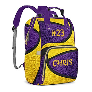 Anneunique Personalized Purple Yellow Basketball Print Tote Bag Backpacks Custom with Text Mommy Bag Gift for Boy Girl