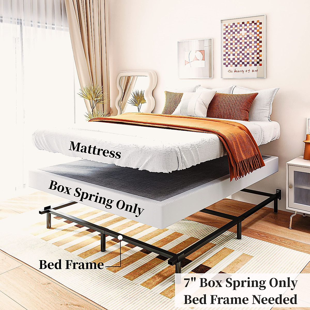 THEOCORATE 7 Inch Full Box Spring, Metal High Profile Spring, Heavy Duty Mattress Foundation, Easy Clean Cover, Quiet, Non-Slip, Simple Assembly