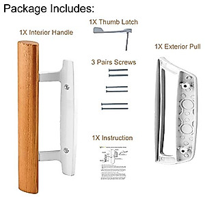 Mortise Style Reversible Sliding Patio Door Handle Set with Oak Wood Interior Handle and Exterior Pull in White Diecast Finish Fits 3-15/16” Screw Hole Spacing, Non-keyed with Latch Locks (White)