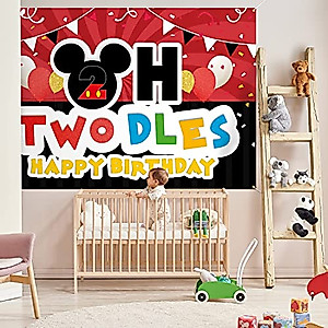 Oh Twodles Backdrop Banner Red and Black Cartoon Happy 2nd Birthday Theme Party Decorations Cheer to Two Years Old Photography Background Supplies for Boys Girls