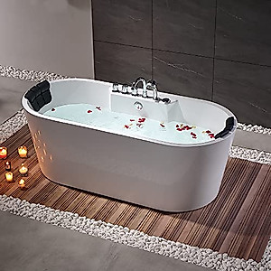 Empava 67 in. Acrylic Freestanding Tub Hydromassage Gracefully Oval Shaped Whirlpool 8 Water Jets Soaking SPA, Double-Ended Massage Bathtub with 2 Pillows , White