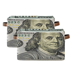 Large Foldable Storage Basket 100 Dollar Bill Printed Storage Bin Canvas Toys Box Fabric Decorative Collapsible Organizer Bag with Handles for Bedroom Home