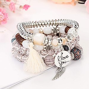 LOYALLOOK 5Sets Bohemian Stretch Beaded Bracelets for Women Crystal Beaded Strand Bangle Charm Multilayer Stackable Bracelets