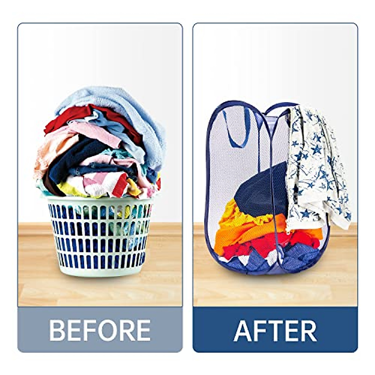 ZOES HOMEWARE Pop up Laundry Hamper 2 Pack | Collapsible Laundry Baskets | Foldable Travel Laundry Basket with Durable Handle for Kids,Dorm,Laundry Room | Navy Blue