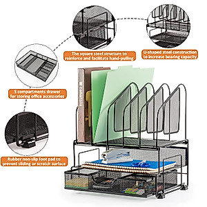 Beiz Desk Organizer and Accessories Storage with 5 Vertical File Folder Holders, 2 Paper Tray, Drawer for Office, Home, Dorm, Workspace to Collect Office Supplies (Black)