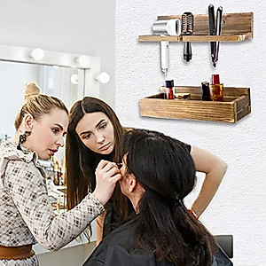 Hair Tool Organizer Wall Mounted - Wooden Hair Dryer Holder, Rustic Blow Dryer Holder for Curling Iron, Hot Tools, Hair Straighteners, Set of 2 Bathroom Vanity Tray for Makeup,Toiletries, Brown