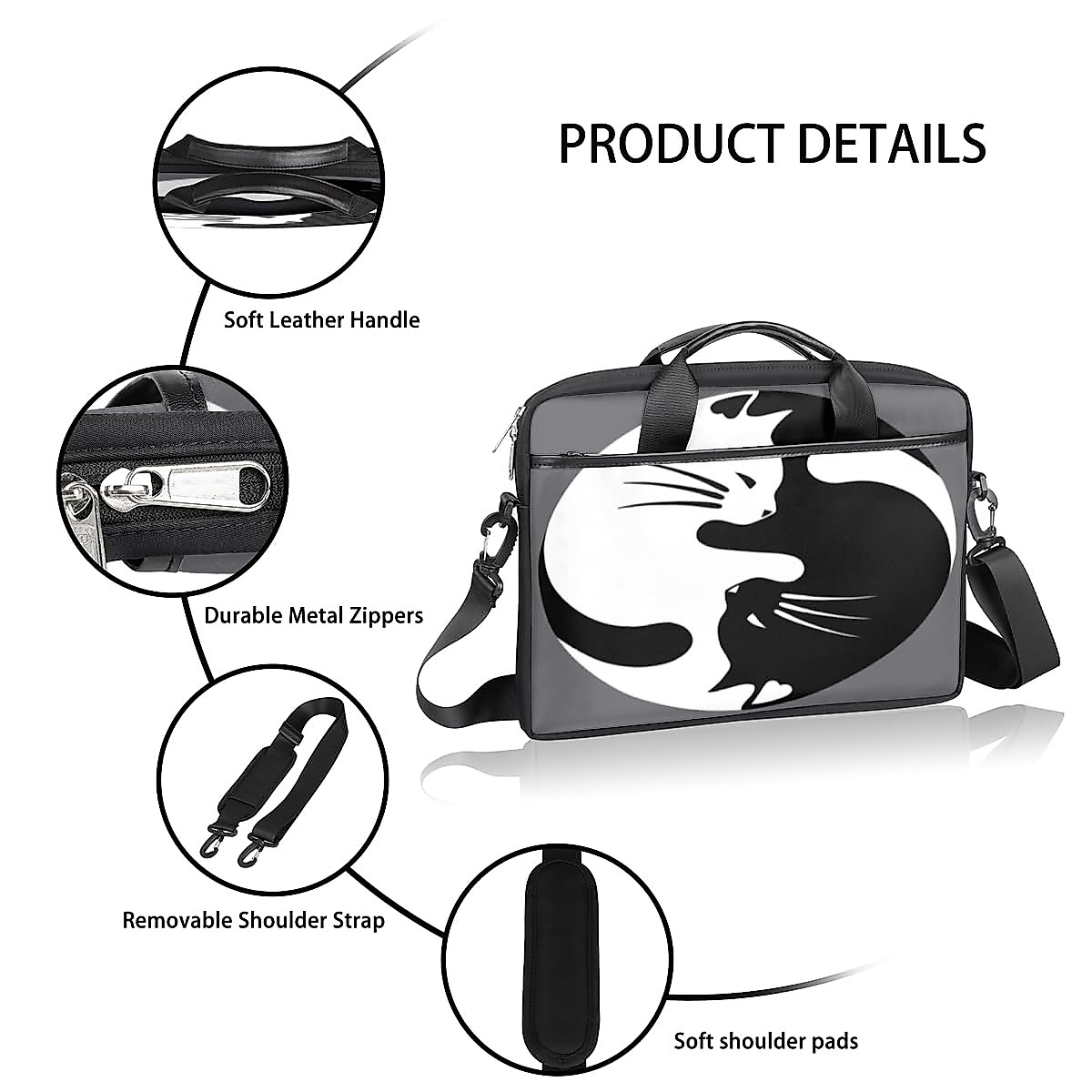 Black White Cat Laptop Computer Bag Waterproof Shoulder Messenger Bag 13-15 inch Durable Laptop Tote Bag with Shoulder Strap Handle Lightweight Crossbody Briefcase