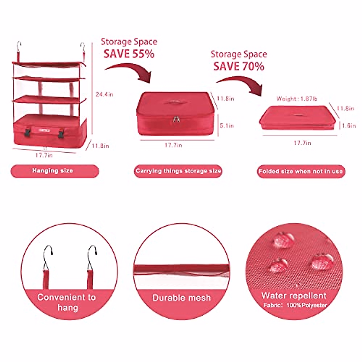 TABITORA Portable Hanging Travel Shelves Bag Packing Cube Organizer Suitcase Storage Large Capacity Rose L+XL