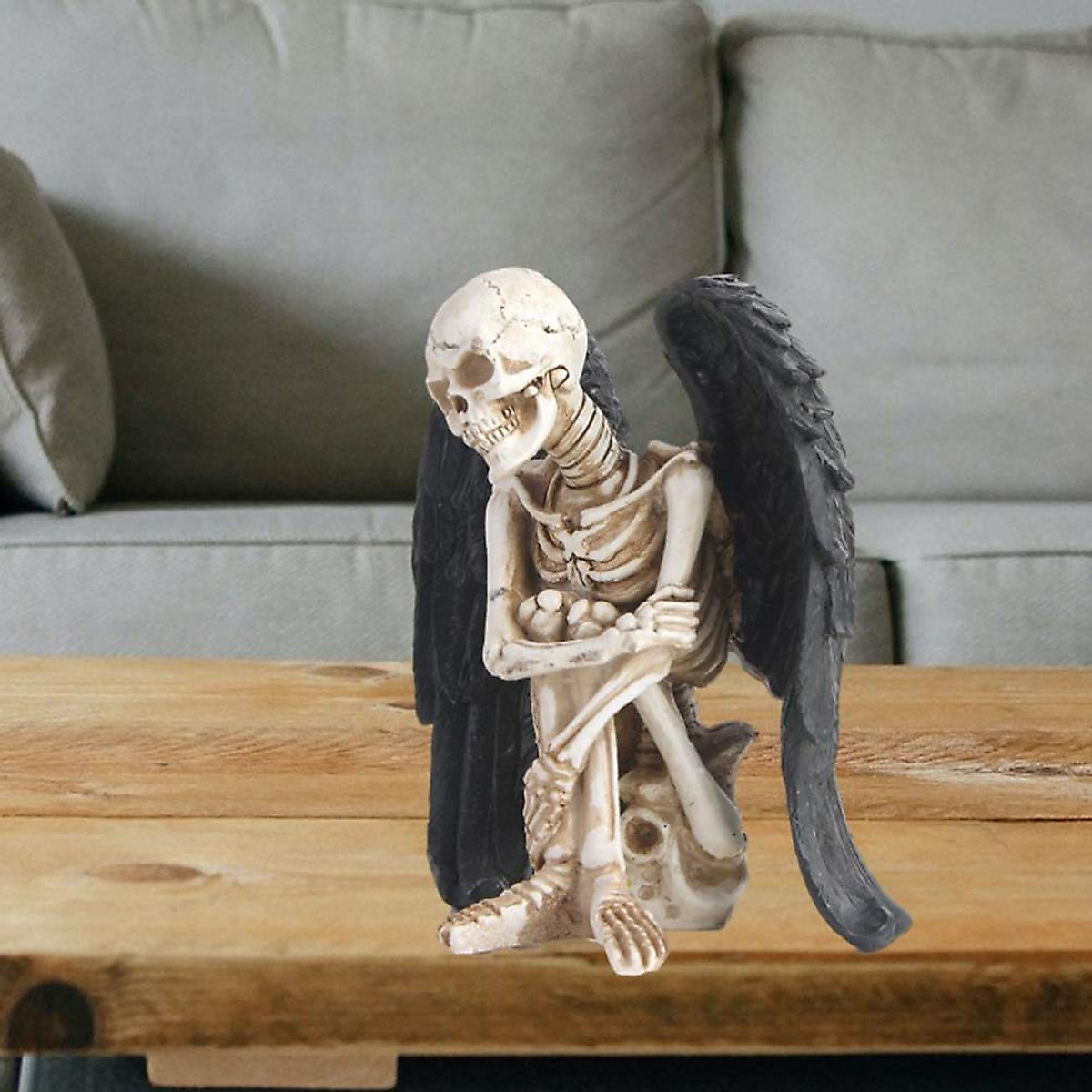 VOSAREA Resin Skeletons Statue Skull Collectible Figurine with Black Angle Wings Resin Figures Decoration for Home Shelves Porch Yard Garden Fireplace Mantle