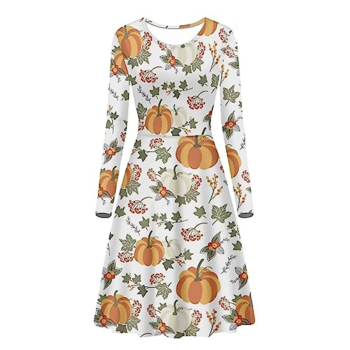 Viewamoon Pumpkins Thanksgiving Dresses for Women 2023 Party Pleated Dress Girl's Long Sleeve Flare Dresses for Dancing Outdoor Office Size XL Puffy Swing Midi Dress for Ladies