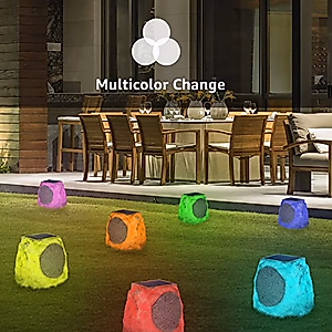 Outdoor Speakers Waterproof 2pack for All Seasons & Solar Powered with Rechargeable Battery Rock Speakers Wireless Bluetooth with Colorful LED Light for Garden, Patio (2-Pc, Granite Grey)