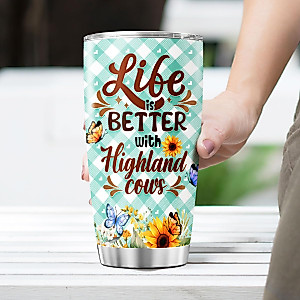 JENOIS Simply Flower Water Modern Handle Checkered Simple Sunflower Floral Cups, Highland Cow Gifts, Tumbler 20 Oz With Lid And Straw, Life Is Better Highland Cow