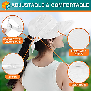 SUN CUBE Women Sun Hat for Outdoor UV Protection, Wide Brim Sun Hat Ponytail, Convertible Zip-Off Beach Hat Visor for Golf Gardening Pool Travel, Foldable Summer UPF50+ Visor Hat, White