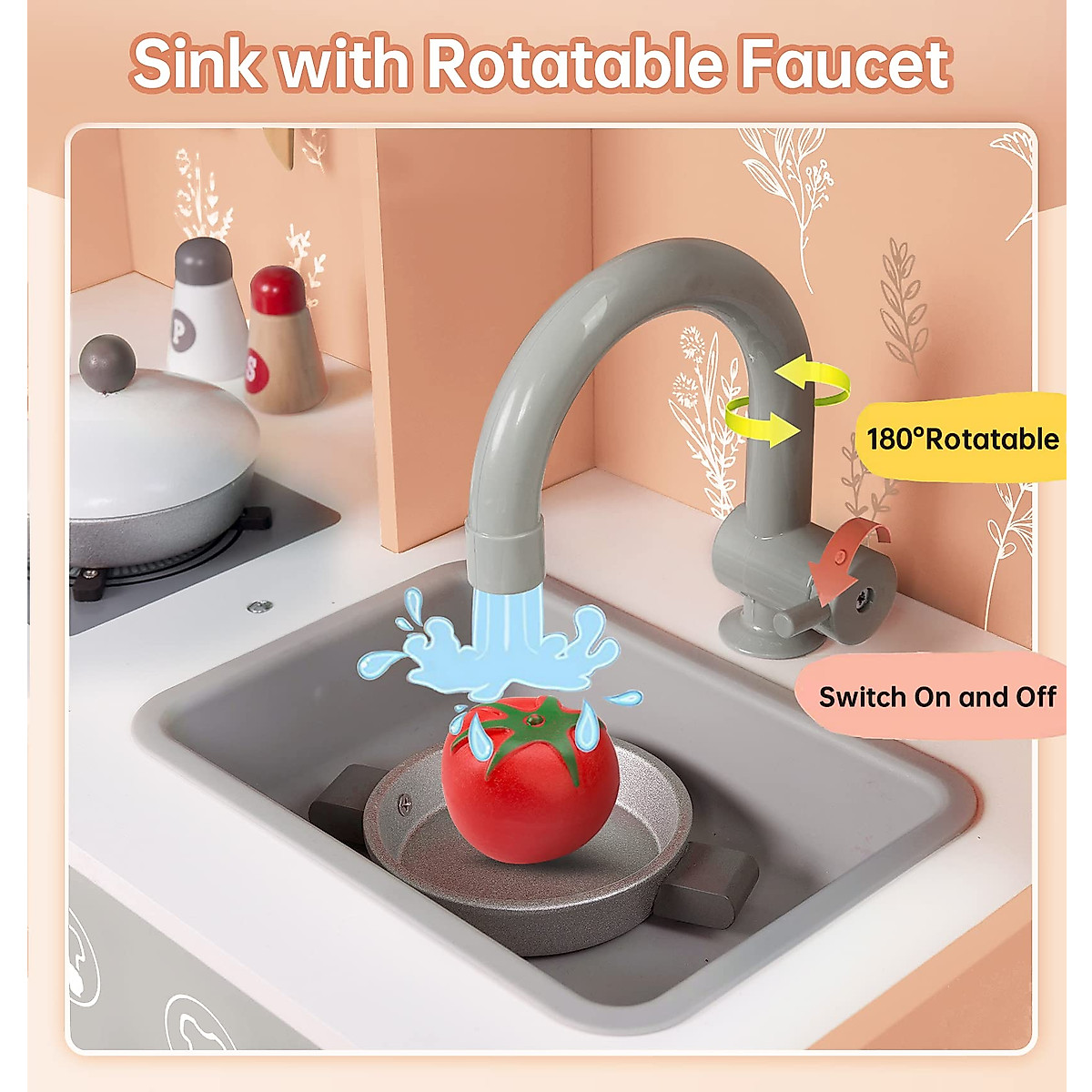 Bruvoalon Wooden Play Kitchen Toy Set for Kids, with Realistic Design, Sink with Faucet, Oven, Microwave, Utensils, Kitchenware Play Food Set Accessories, Birthday Gifts for Toddlers Boys Girls (Pink)