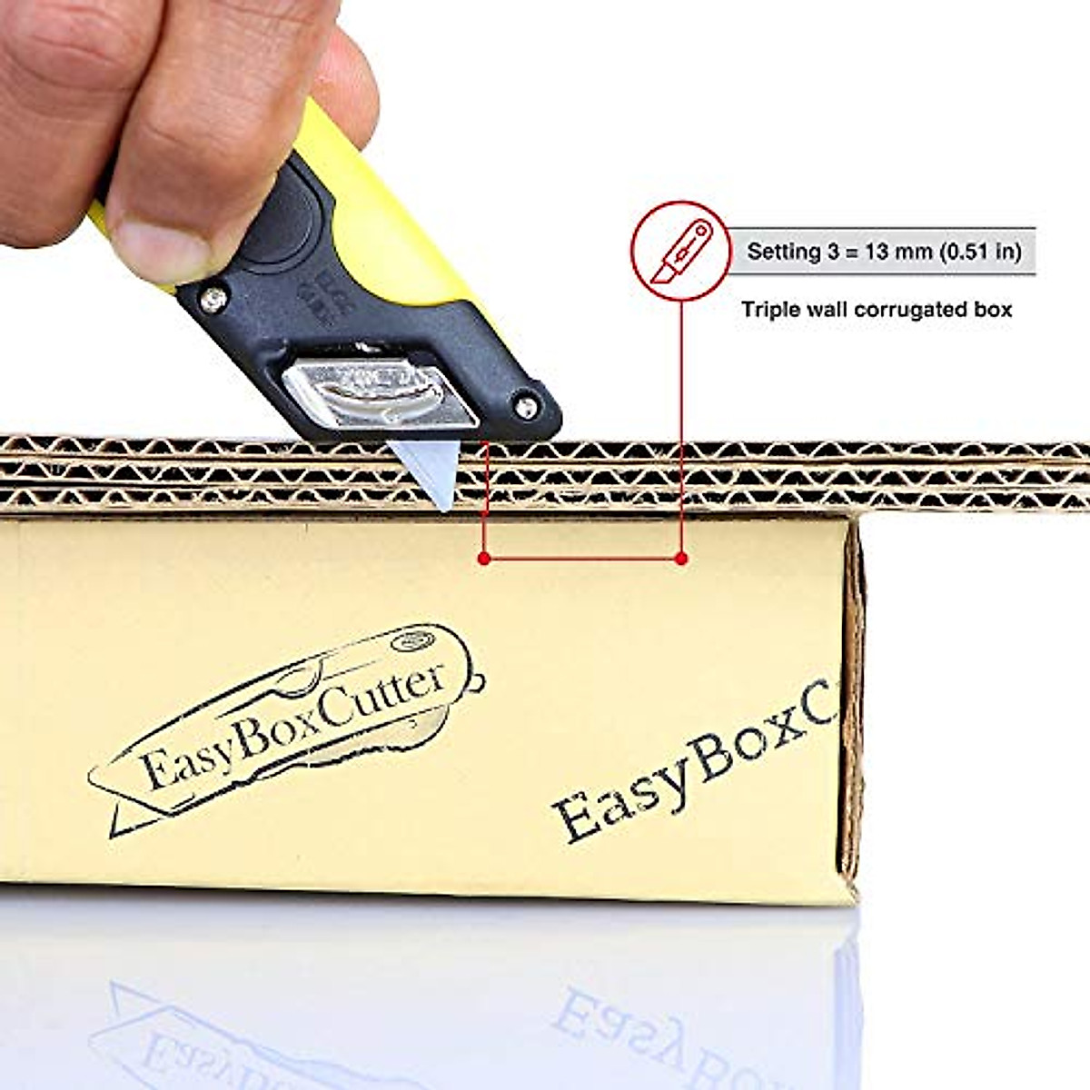 Easy Box Cutter, extra tape cutter at back, dual side edge guide, 3 blade depth setting, 2 blades and holster - Yellow 2000 (Pack of 12)