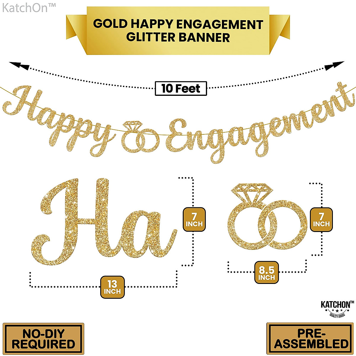 KatchOn, Gold Glitter Happy Engagement Banner - 10 Feet, No DIY | Engagement Party Decorations | Engagement Party Banner, Happy Engagement Decorations | Engaged Banner, Bachelorette Party Decorations