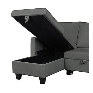 TUTB 82.5'' L-Shape Convertible Sleeper Sectional Sofa with Storage Chaise and Pull-Out Bed, Velvet Upholstered Reversible Corner 3 Person Couch, for Living Room, Apartment, Dark Gray