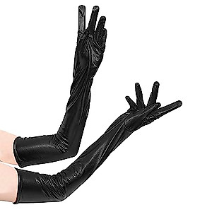 Women Sexy Wet Look Long Gloves for Costume Cosplay, Long Patent Leather Gloves Elbow Length Long Gloves for Wedding Evening (Black)