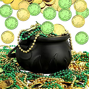 231 Pieces St. Patrick's Day Cauldron Set, Includes Black Leprechaun Cauldron with Handle 200 Shamrock Plastic Coins 30 Green and Gold Beaded Necklaces for St. Patrick's Day Party Decoration Supplies