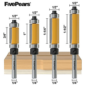 FivePears 4 PCS Top and Bottom Bearing Flush Trim Router Bits Set 1/4 Inch Shank, 1/2 Inch Cutting Diameter, 3/4", 1", 1-1/4", 1-1/2" Cutting Length
