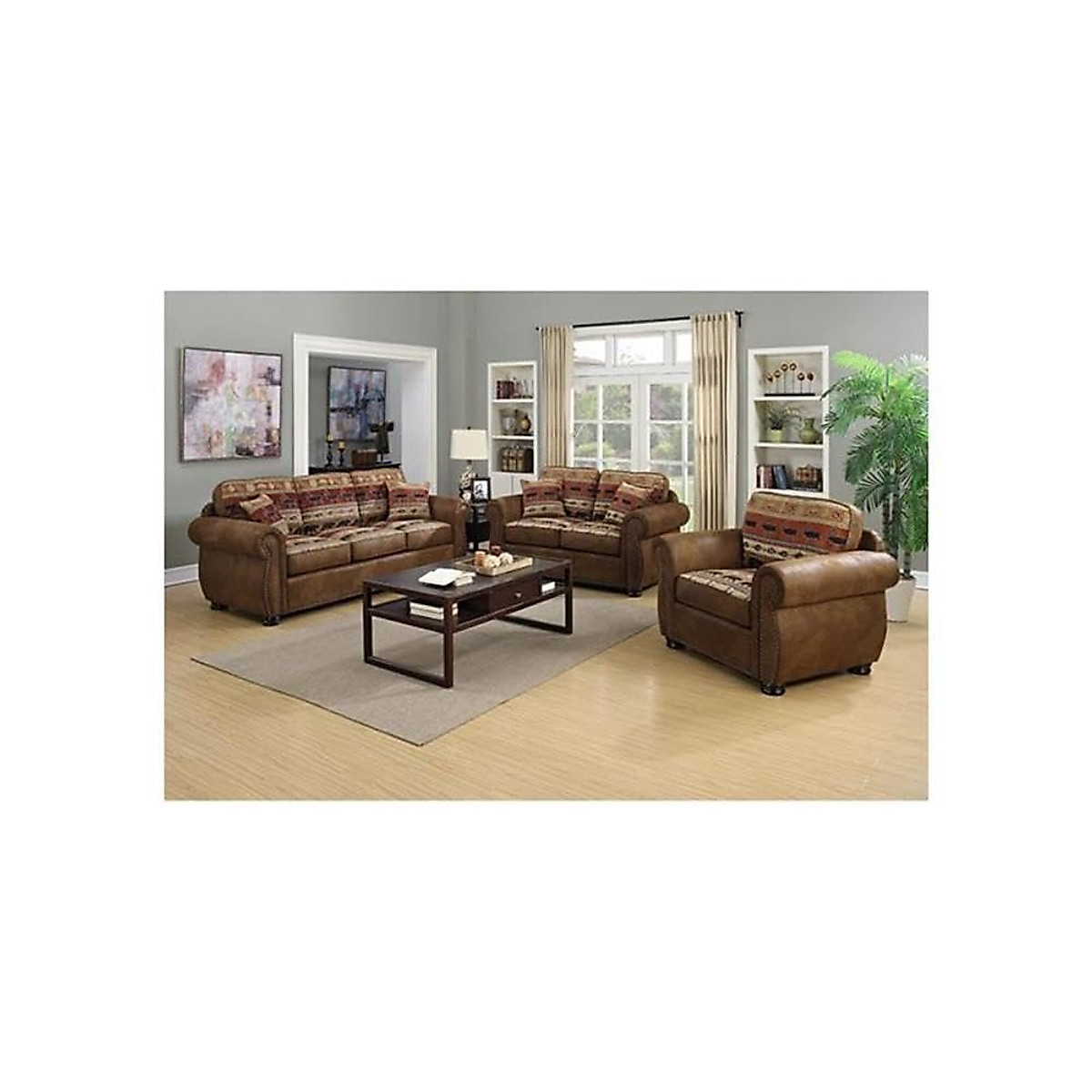 Hawthorne Collections 20.5" Farmhouse Leather Wildlife Pattern Sofa in Brown