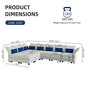 LLappuil Oversized Modular Sectional Sofa 153.4" 9-Seater L Shaped Couch with Large Storage Chaise, Velvet High Back Recliner Couches with Big Ottoman for Living Room, White
