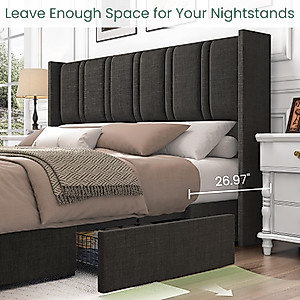 LARMACE Bed Frame King Size with Storage Drawers and Wingback Headboard, Linen Upholstered Platform Bed Frame with Wooden Slats, Easy Assembly, Dark Grey
