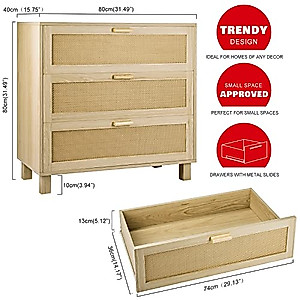 Graficial 3 Drawer Dresser, Rattan Chest of Drawers, Closet Storage Bedside Table Dresser for Bedroom